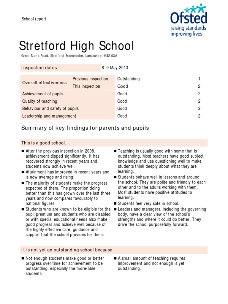 Stretford High School - Published Inspection Report May 13 Final | PDF ...