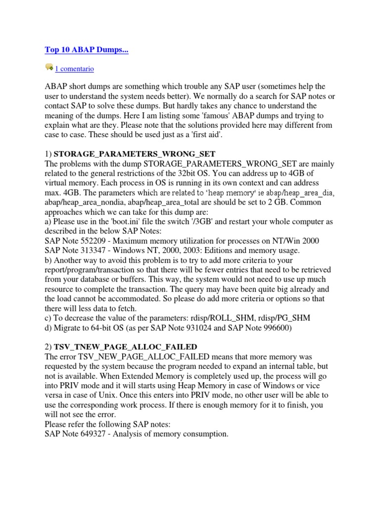 Top 10 Explanations for Common ABAP Short Dumps | PDF | 64 Bit Computing | Kernel (Operating System)