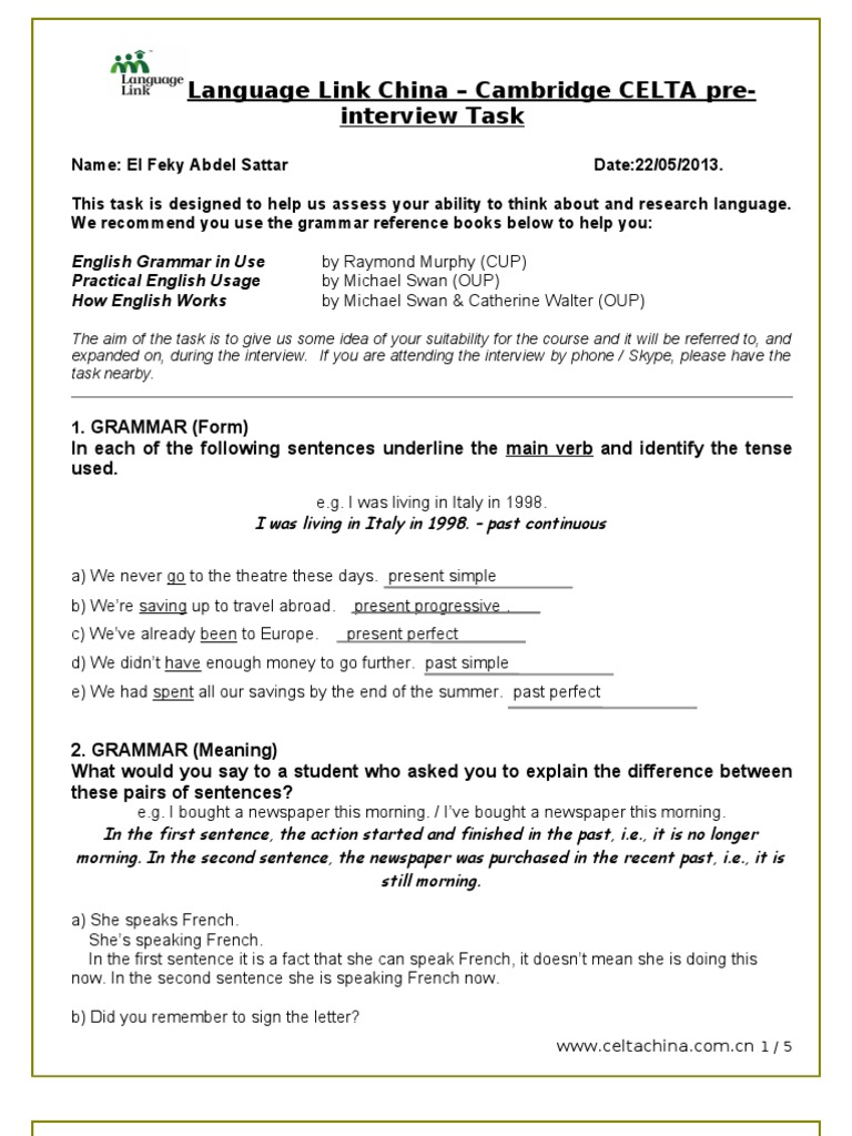 CELTA Pre-Interview Task - Feky | PDF | Adverb | Part Of Speech