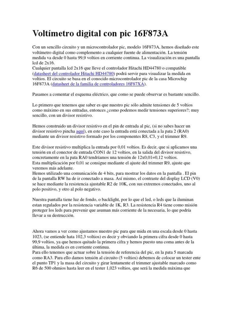 Voltímetro Digital Con Pic 16F873A | PDF | Microcontrolador Pic | Resistor