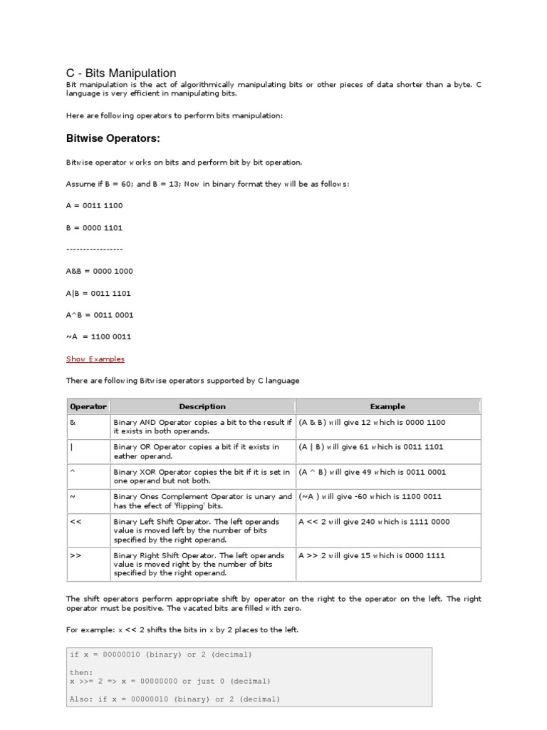 C - Bits Manipulation: Bitwise Operators | PDF | Integer (Computer Science) | Bit
