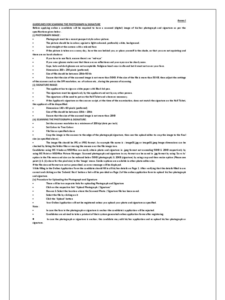 Annex I Guidelines For Scanning The Photograph & Signature | PDF | Image Scanner | Image Resolution