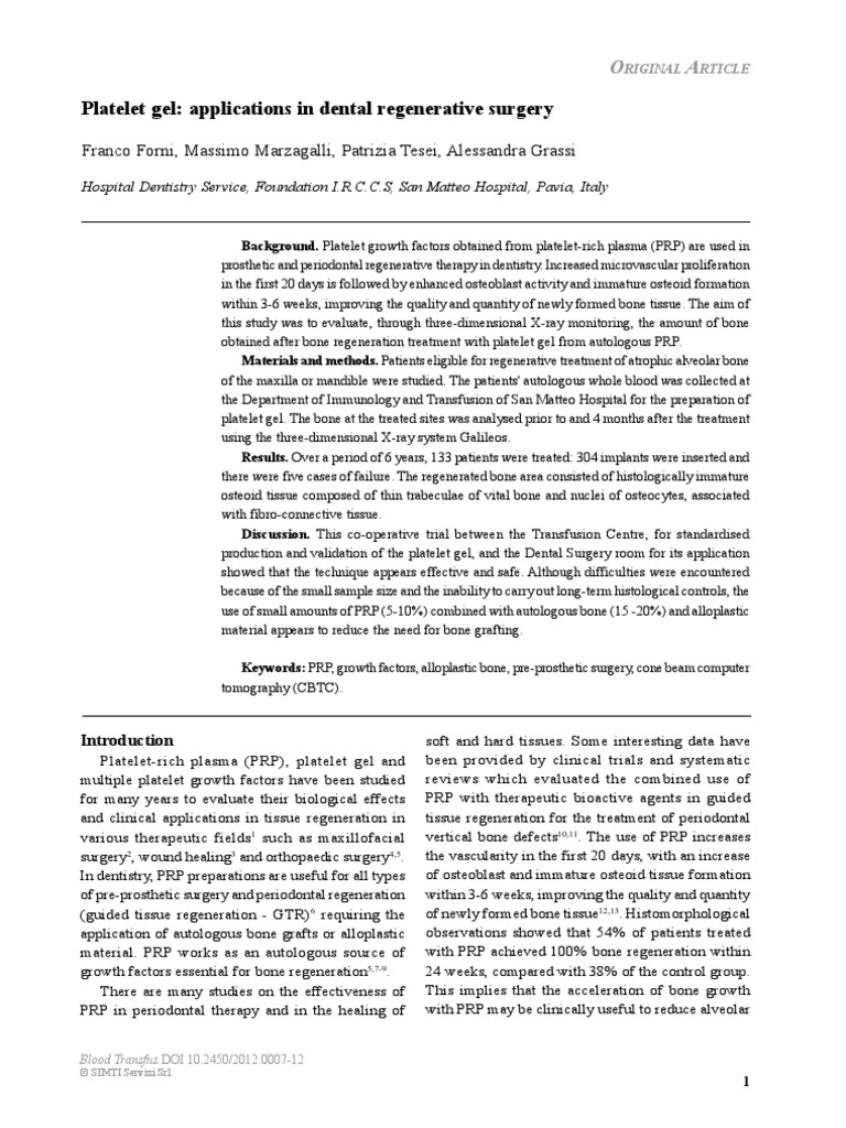 Platelet Gel Applications in Dental Regenerative Surgery | PDF | Dental ...