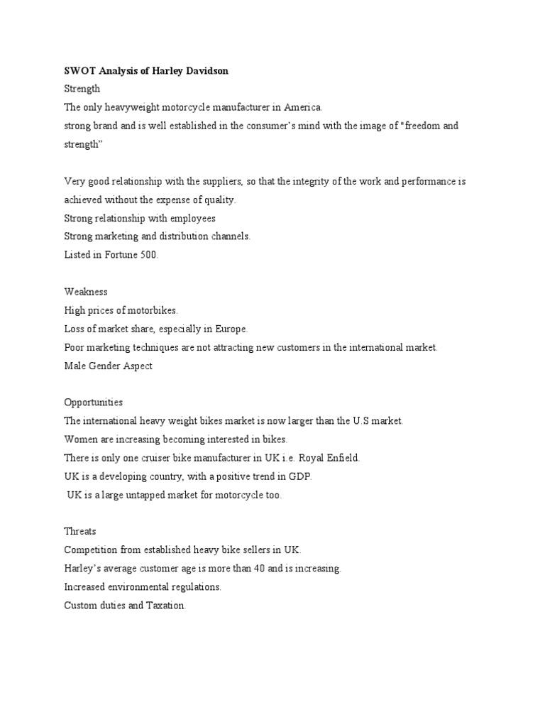 SWOT Analysis of Harley Davidson | PDF | Harley Davidson | Motorcycle
