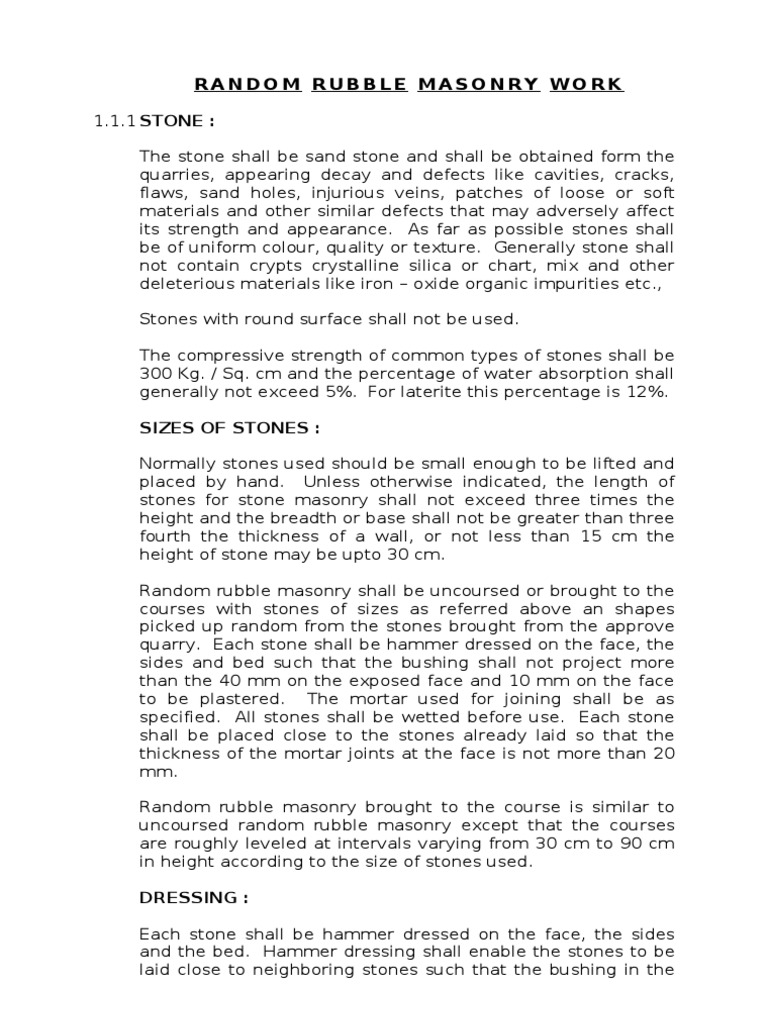 Random Rubble Masonry Work: Sizes of Stones | PDF