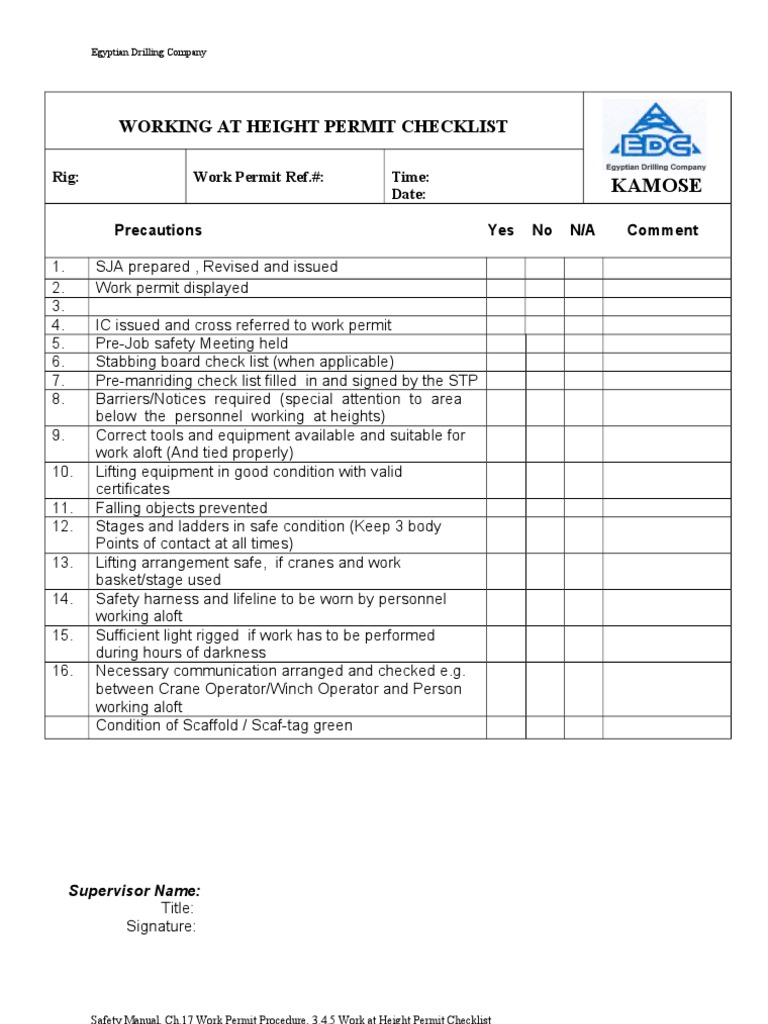 Working at Height Check List | PDF