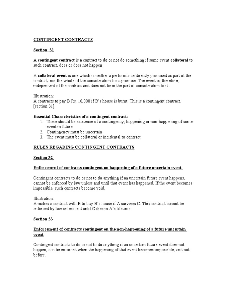 Notes - Contingent Contract | PDF | Consideration | Contract Law