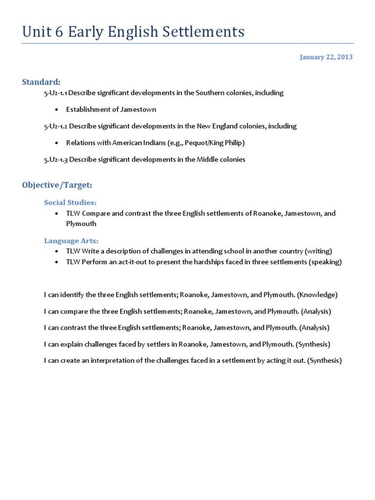 Unit 6 Lesson 1 Jan 22 Early English Settlements | PDF | Jamestown ...