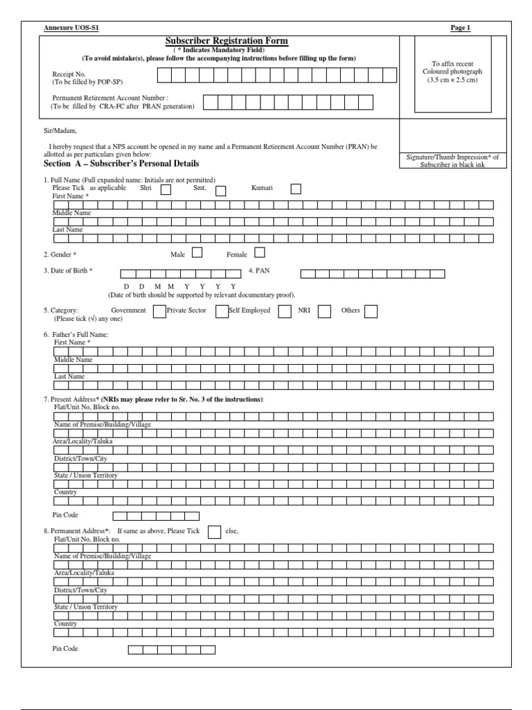 NPS Subscriber Registration Form | Identity Document | Government