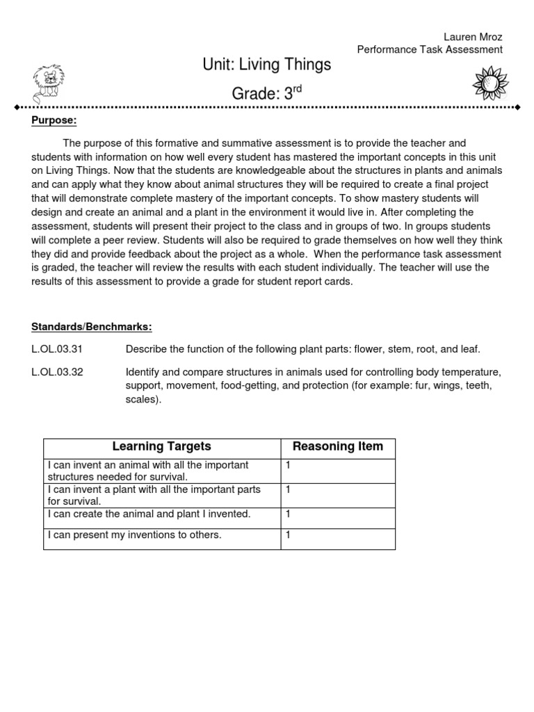 Performance Task Assessment - Living Things | PDF | Flowers ...