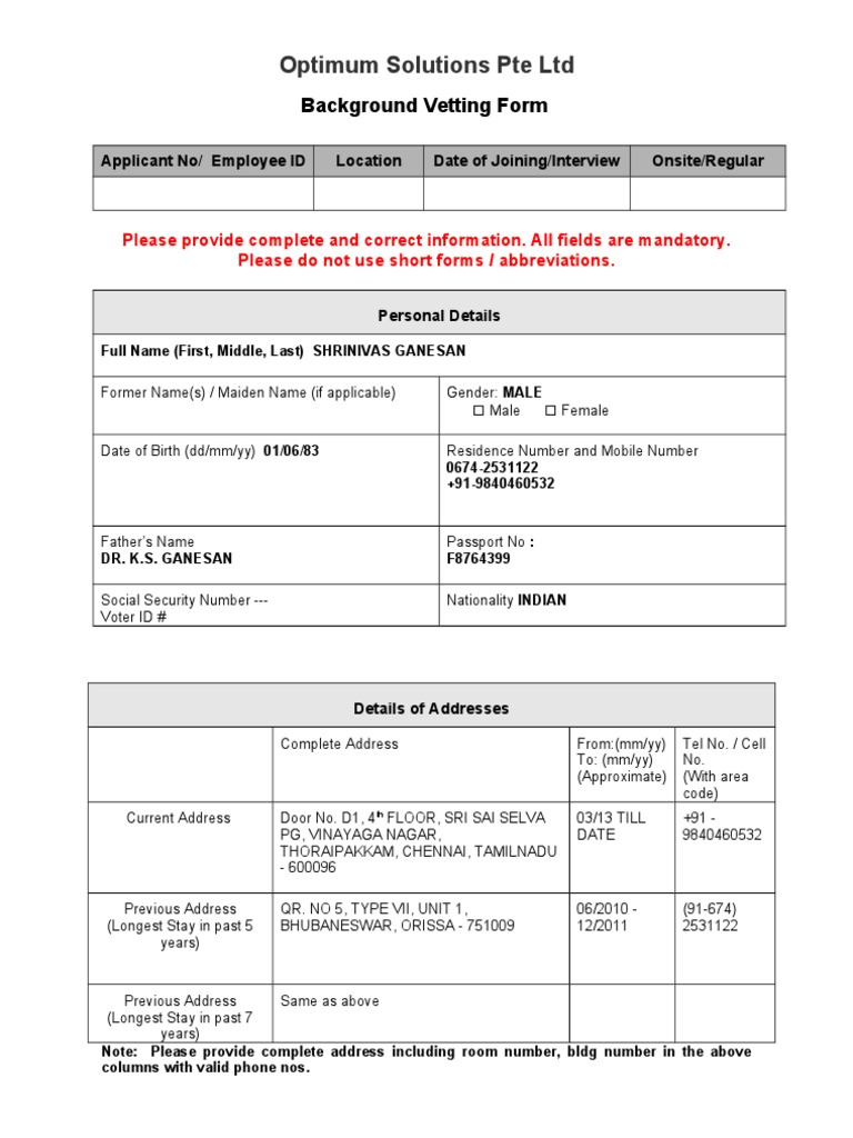 Background Vetting Form - Optimum Info System Private Limited | PDF ...
