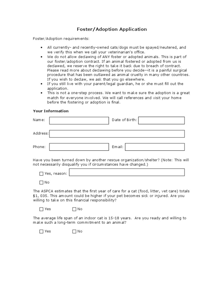 Foster/Adoption Application: Your Information | PDF | Cats | Animal Welfare