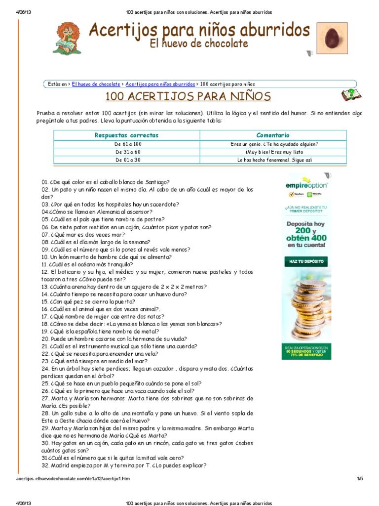 100 Acertijos para Niños Con Soluciones | PDF