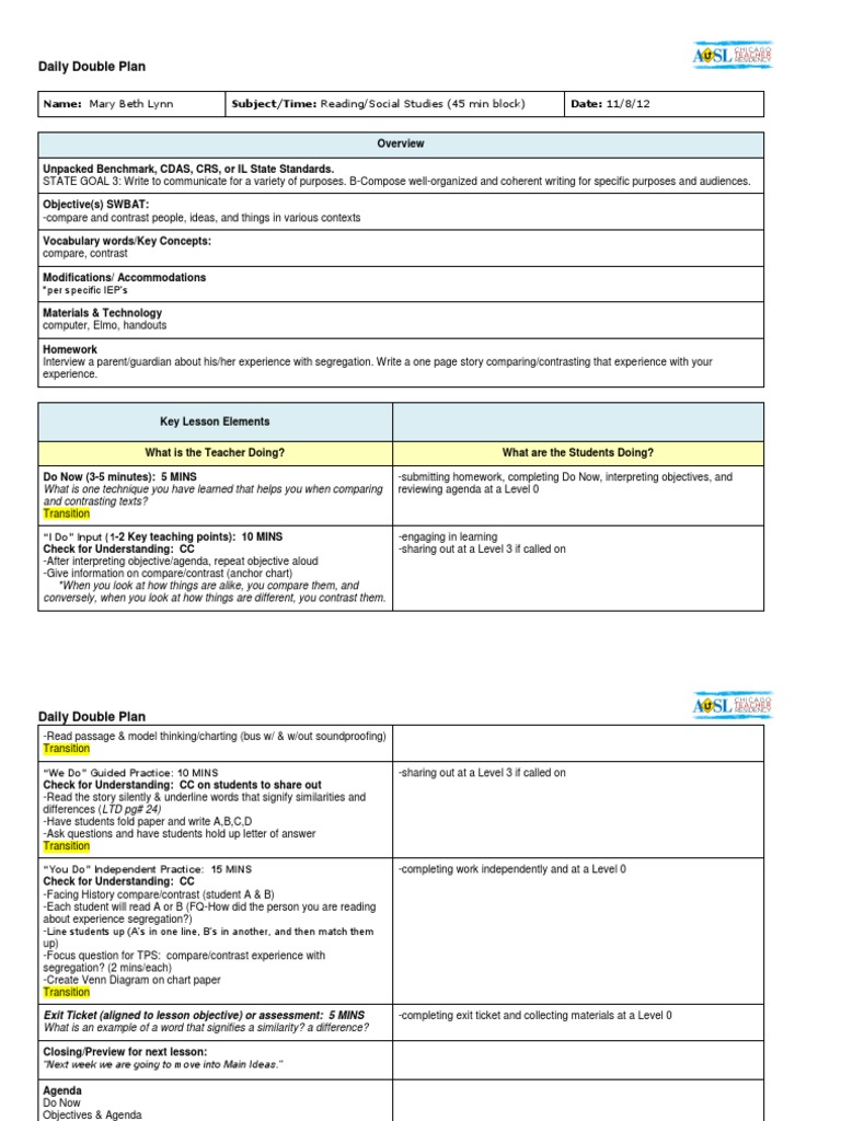 Daily Double Lesson Plan: Compare & Contrast | PDF | Career & Growth ...