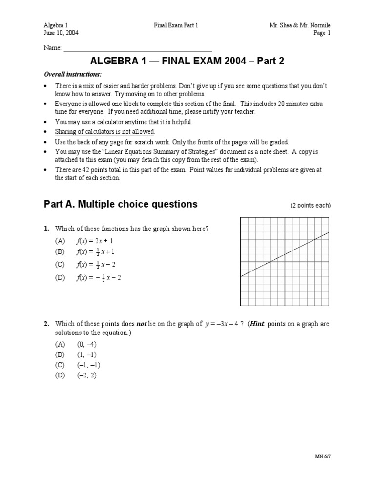 Algebra 1 Final Exam Part 1 Mr. Shea & Mr. Normile June 10, 2004 | PDF ...