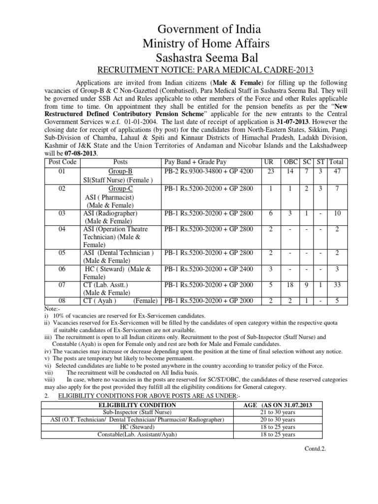 SSB Paramedical Cadre Recruitment | PDF | Pharmacist | Test (Assessment)