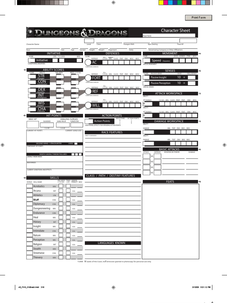 D&D Character Sheet | PDF | Wizards Of The Coast Games | Fantasy