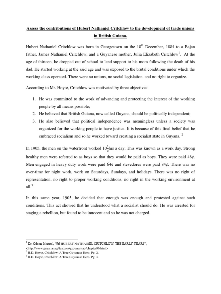 Critchlow's Legacy in Trade Unions | PDF | Guyana | Trade Union
