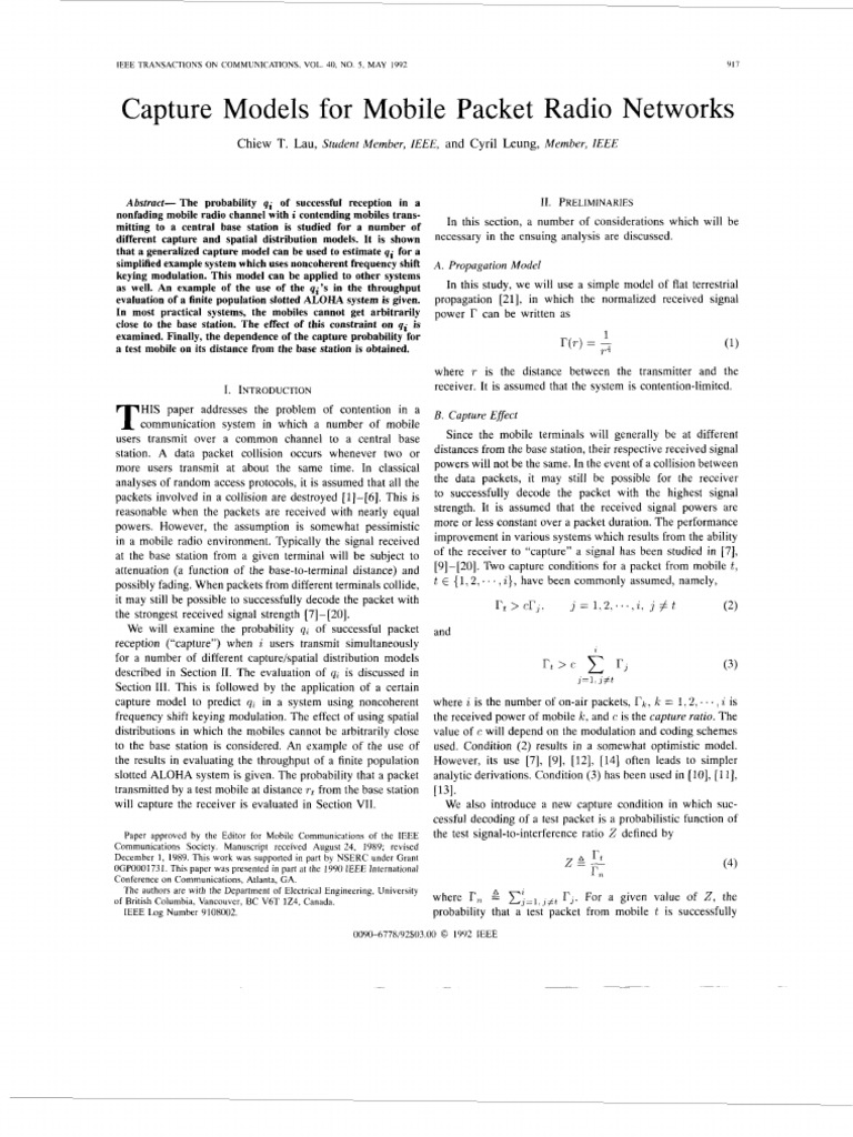 Capture Models For Mobile Packet Radio Networks: ZG L, JZT | PDF ...
