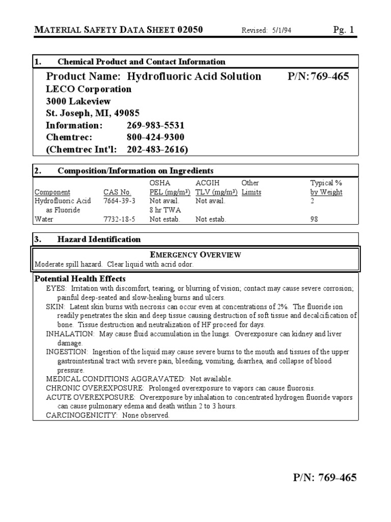 Msds Hf Acid (Leco) | Injection (Medicine) | Fluoride