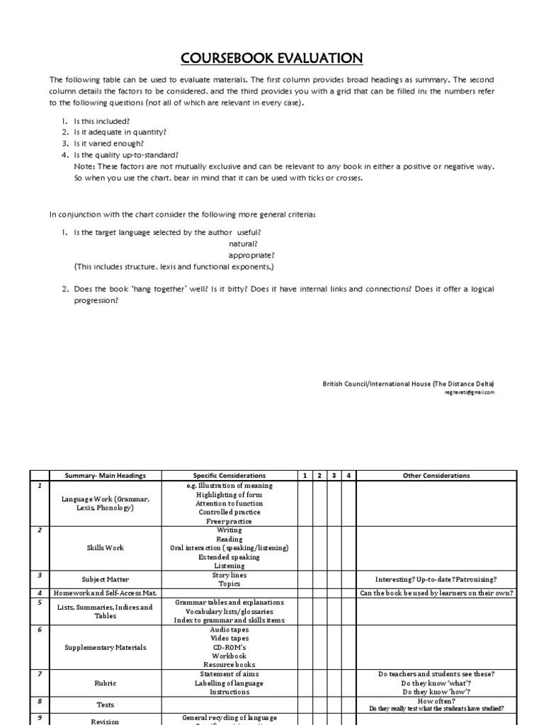 Coursebook Evaluation Form | PDF | Textbook | Lesson Plan