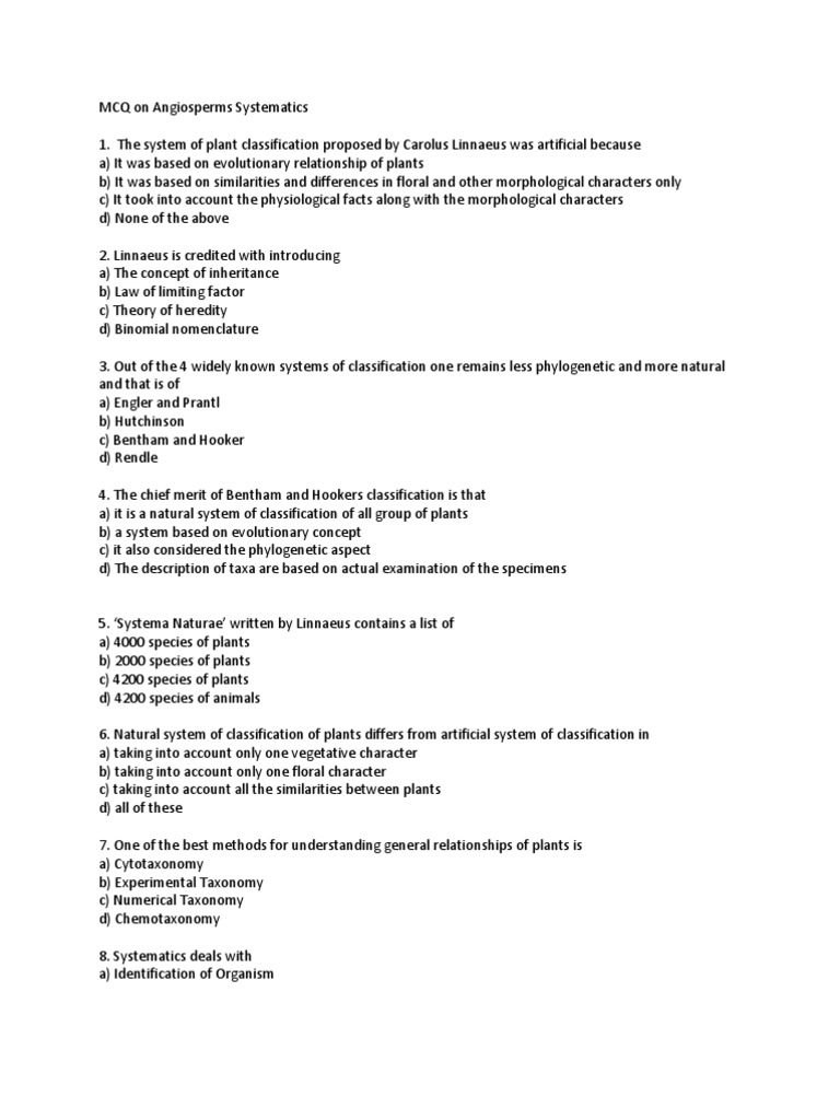 MCQ On Angiosperms Systematics | PDF | Taxonomy (Biology) | Biological ...
