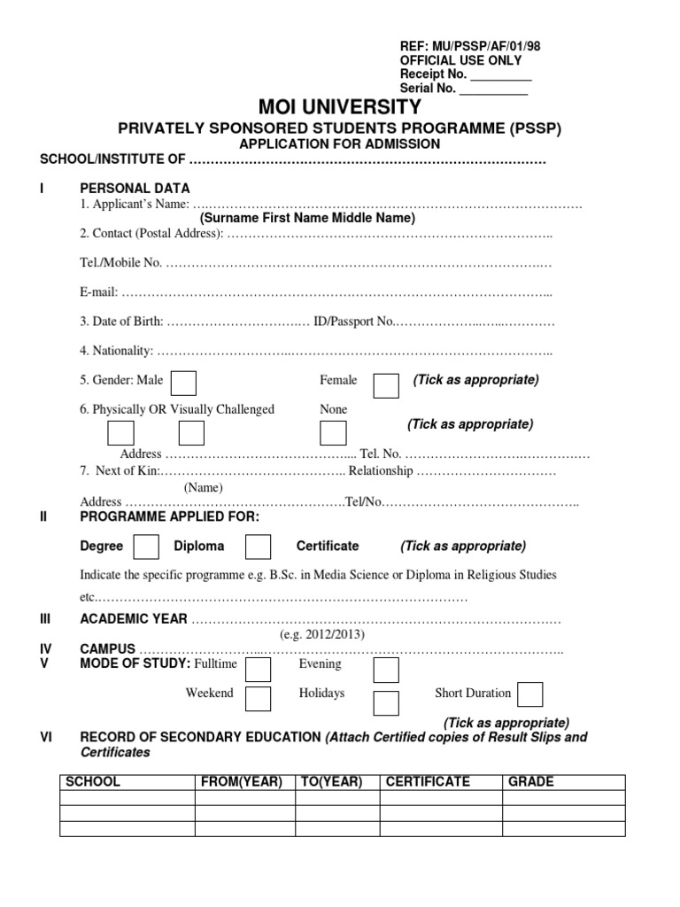 MOI UNIVERSITY PSSP Application Forms | PDF | Diploma | Qualifications