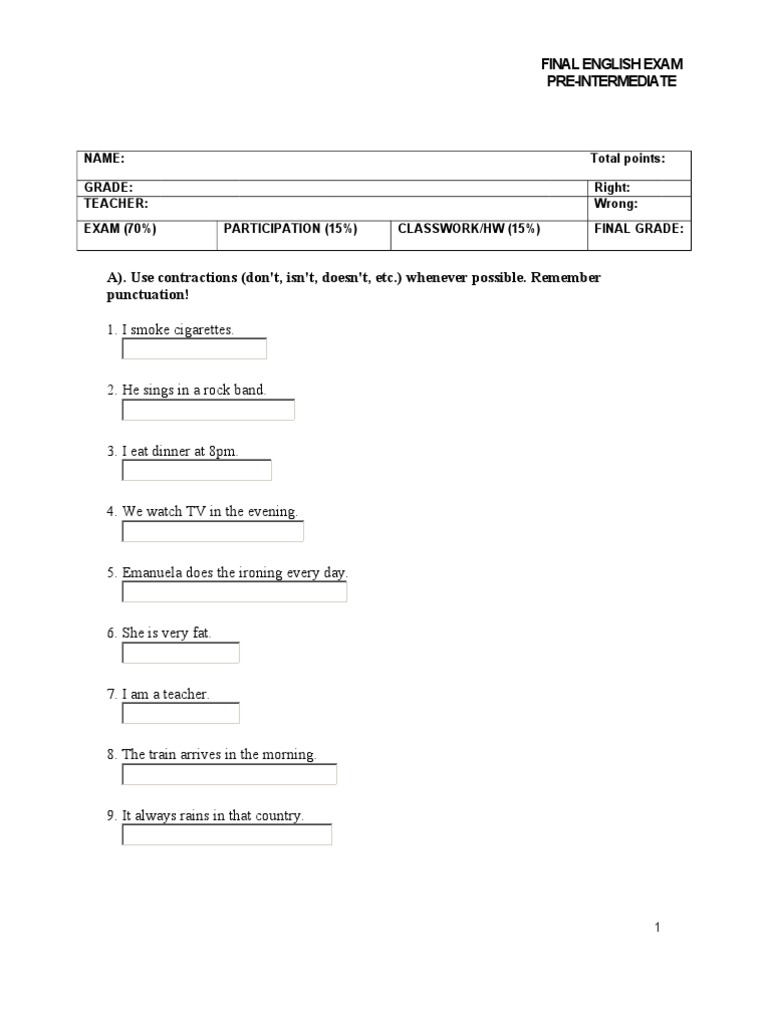 Pre-Intermediate English Exam Template | PDF