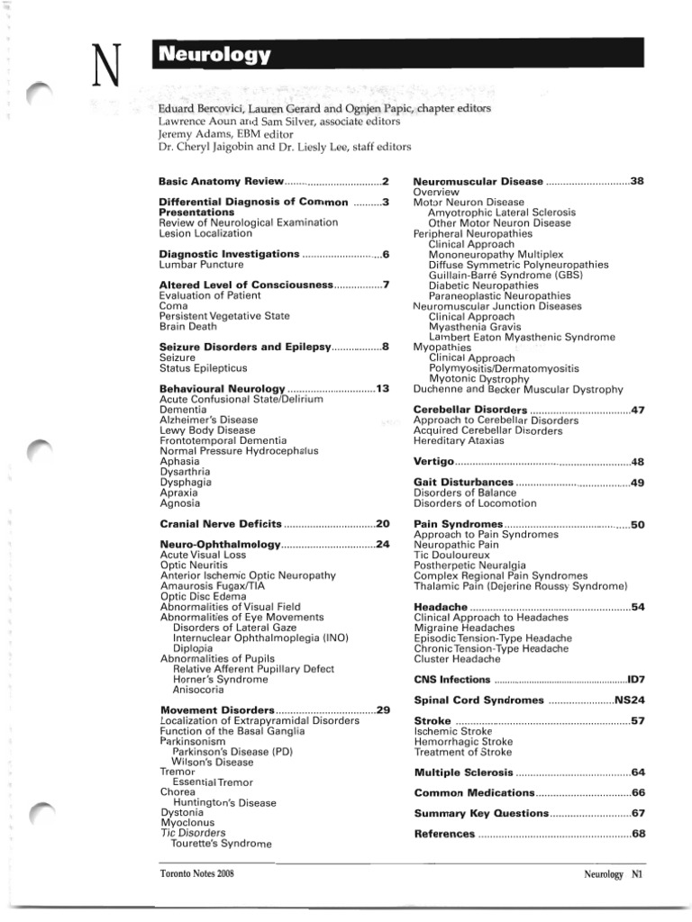 Toronto Notes Neurology 2008 | PDF | Epilepsy | Coma
