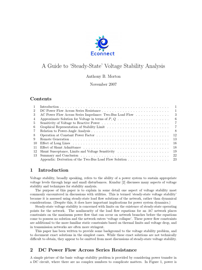 A Guide To Steady-State' Voltage Stability Analysis: Anthony B. Morton November 2007 | PDF ...