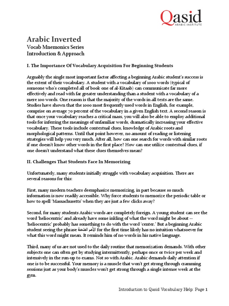 Arabic Vocab Mnemonics - Intro and Approach | PDF | Vocabulary | Mnemonic