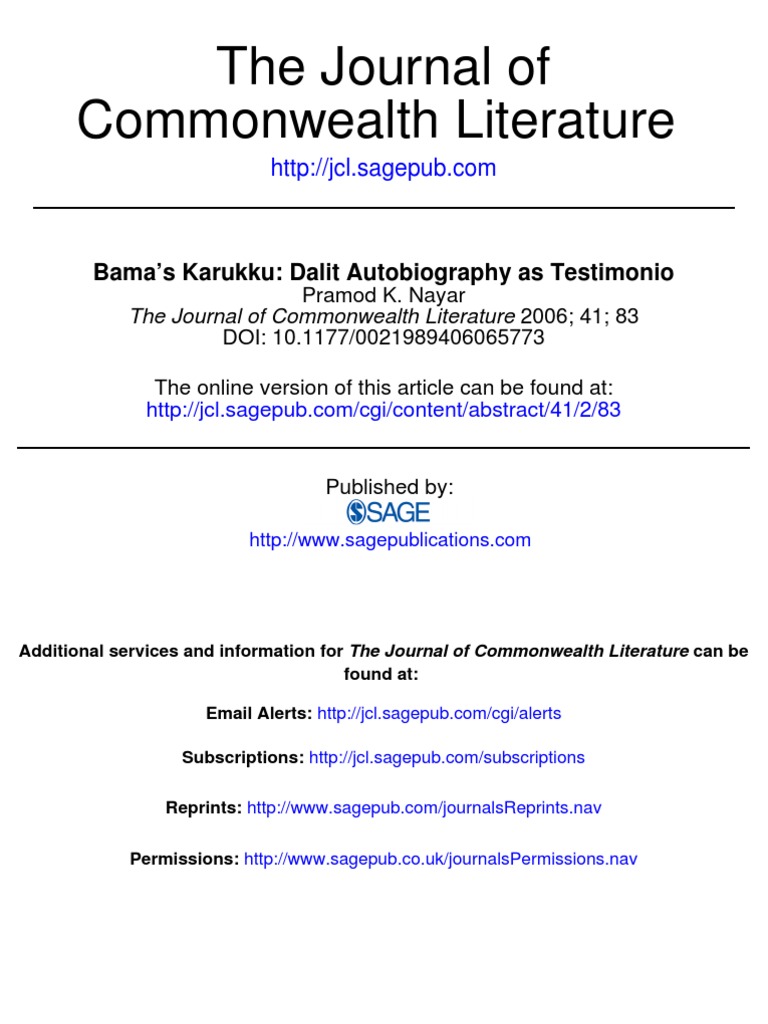 83 Bama's Karukku: Dalit Autobiography As Testimonio | PDF | Dalit ...