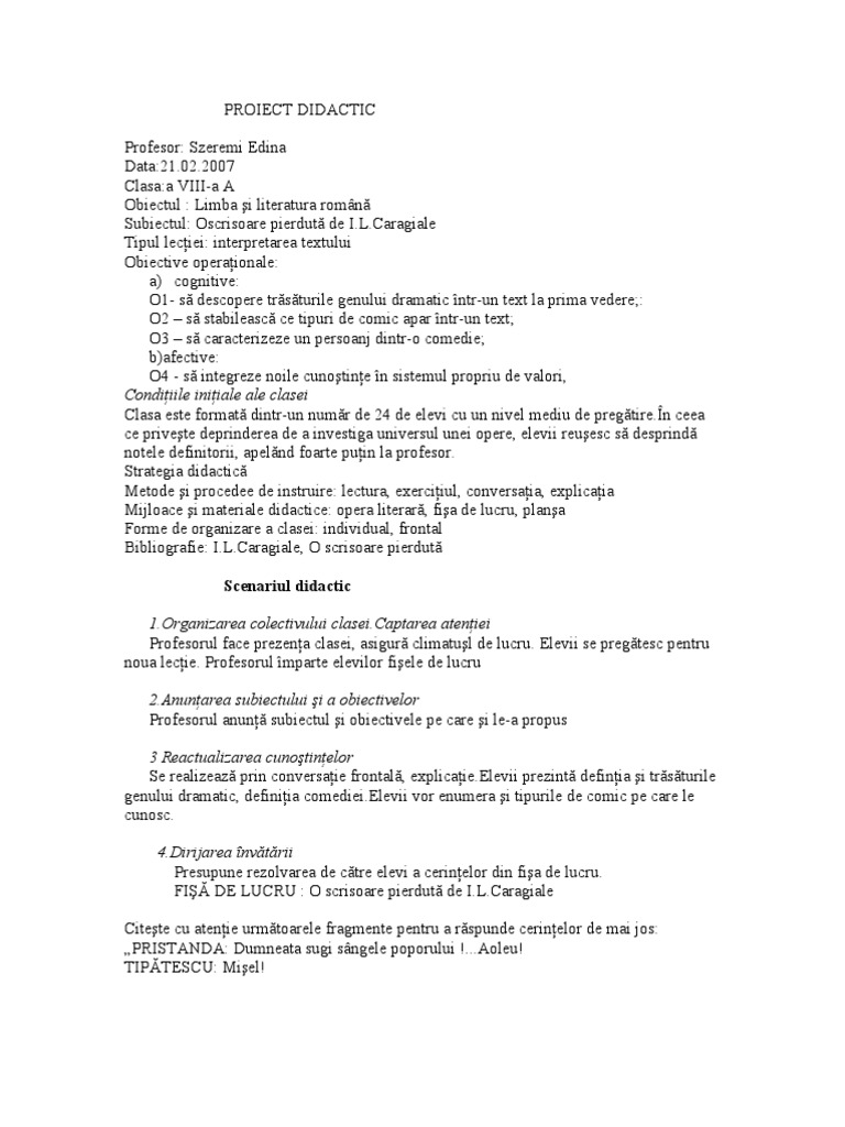 PROIECT DIDACTIC genul dramatic