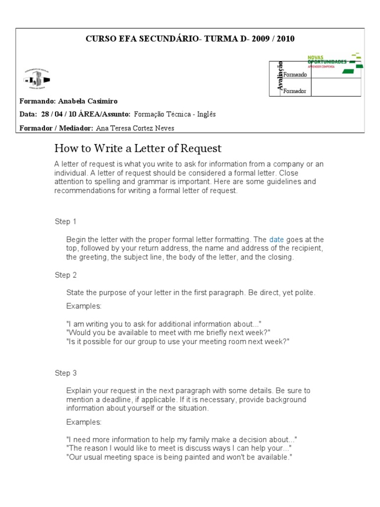 Formal Letter Example Request