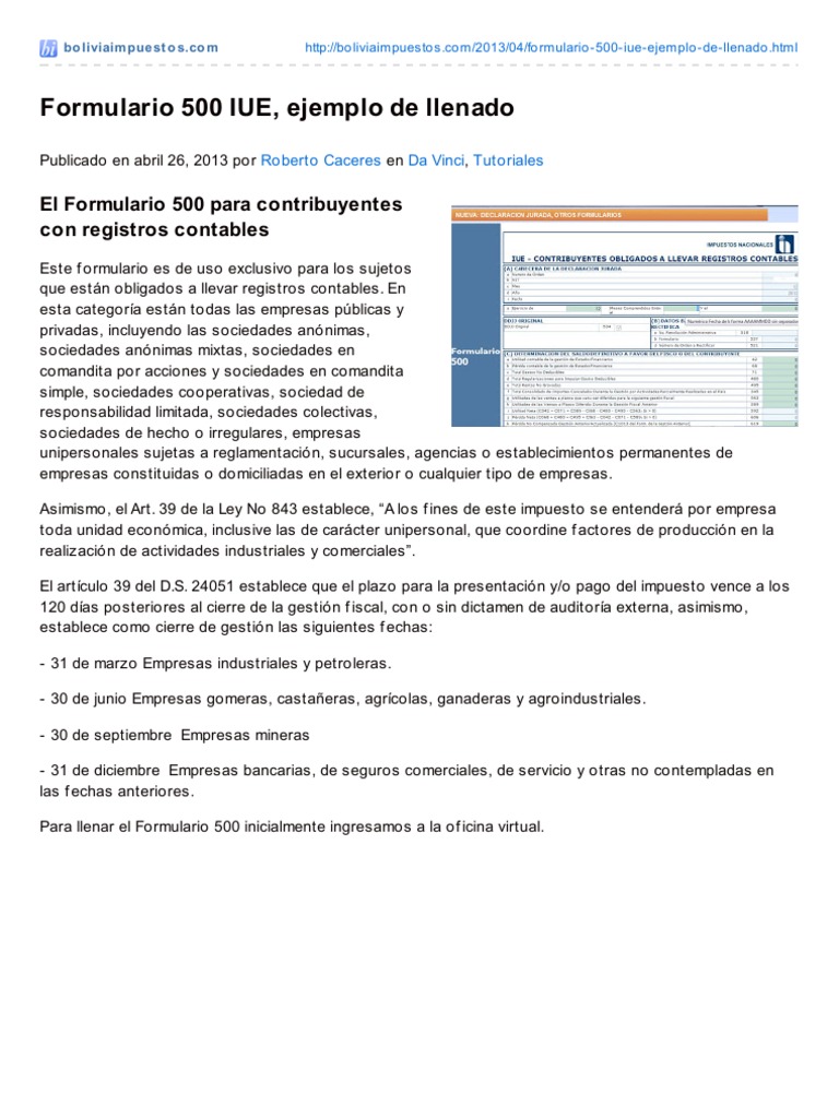 Formulario 500 IUE Ejemplo de Llenado PDF | PDF | Contabilidad ...