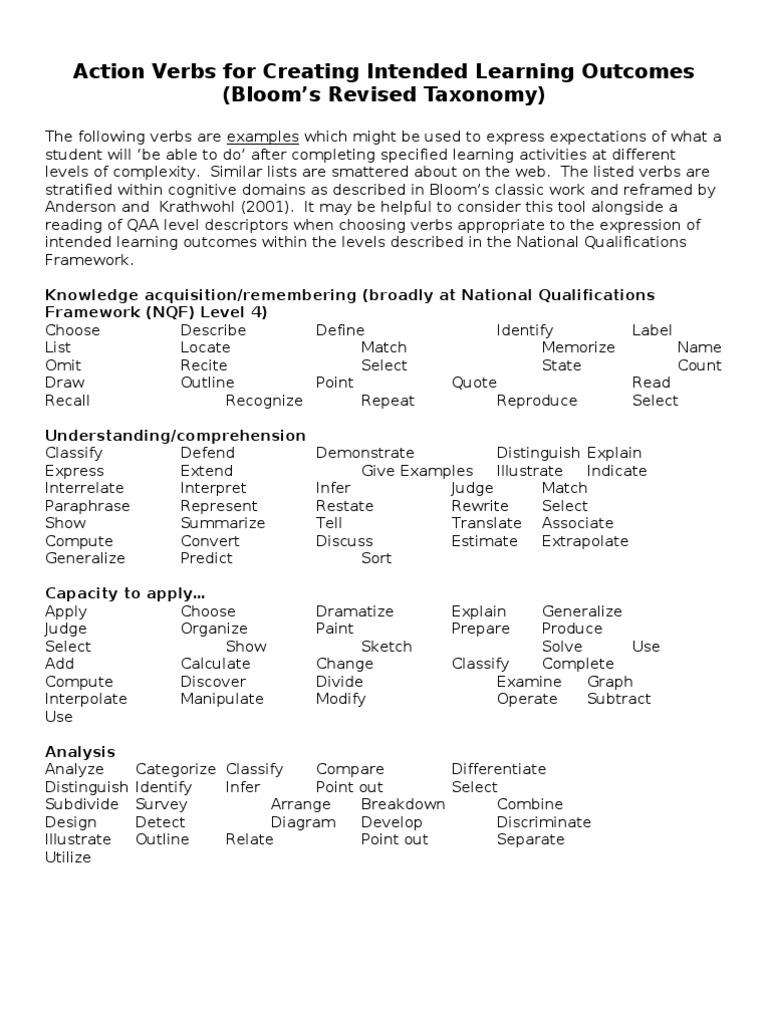 Action Verbs for Learning Outcomes | PDF
