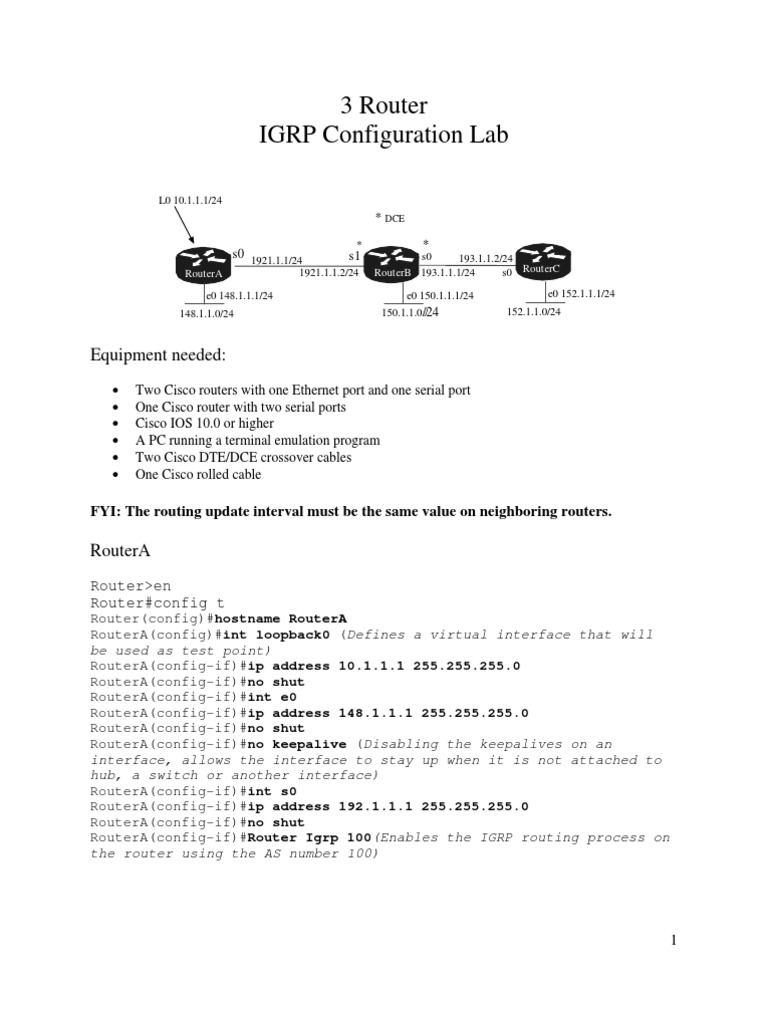3 Router Igrp Configuration Lab | PDF | Router (Computing) | Network Architecture