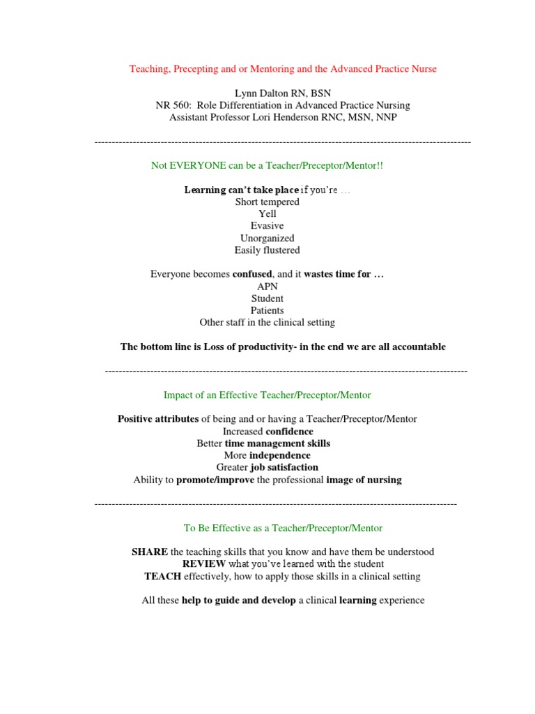 Teaching, Precepting and or Mentoring and The Advanced Practice Nurse ...