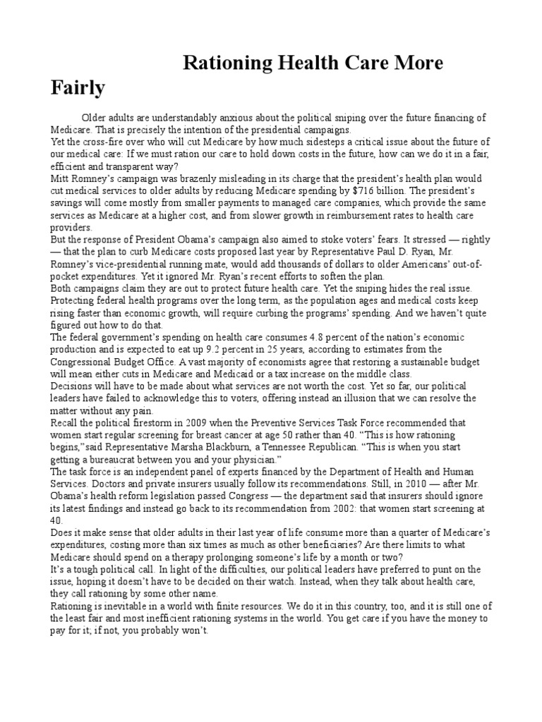 Fair Rationing of Health Care Costs | PDF | Medicare (United States ...
