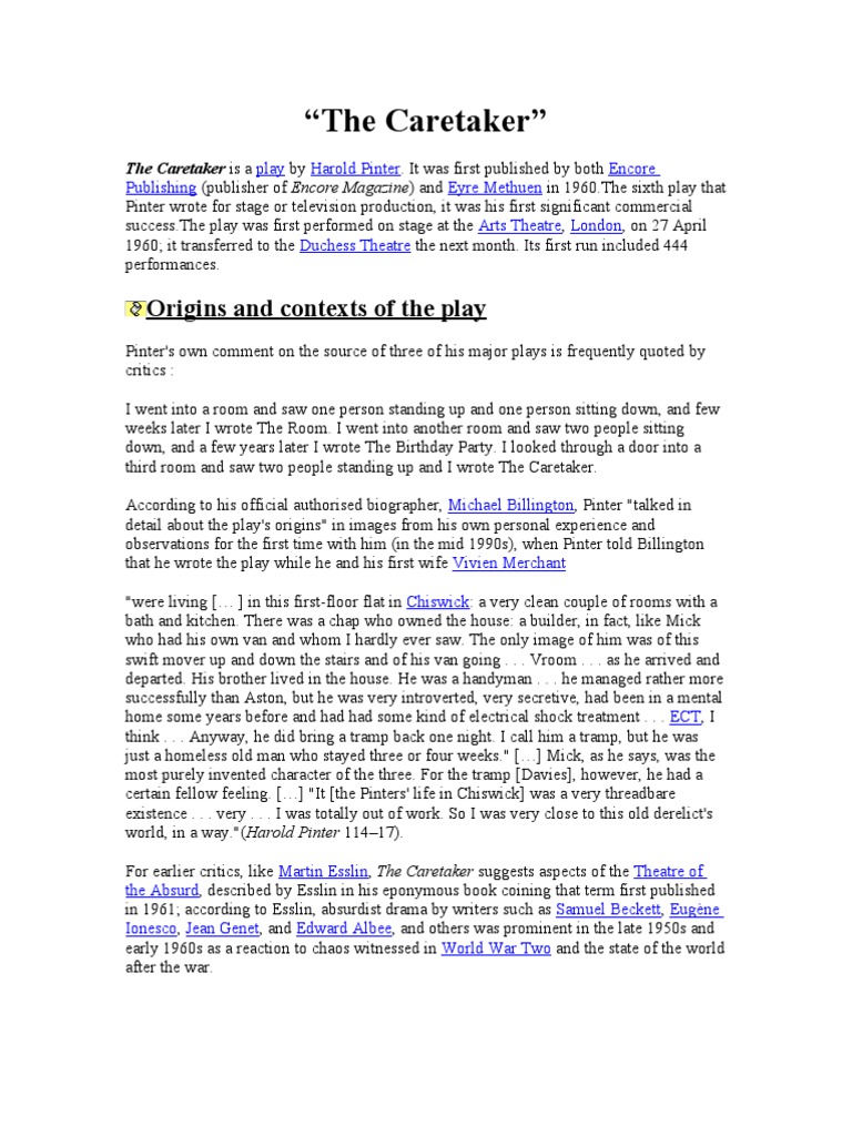"The Caretaker": Origins and Contexts of The Play | PDF | Entertainment
