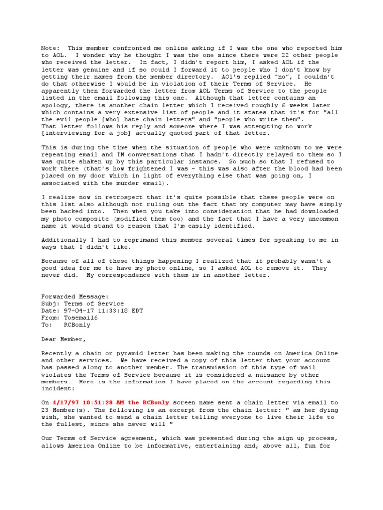 AOL Chain Letter Concerns | PDF | Aol | Terms Of Service