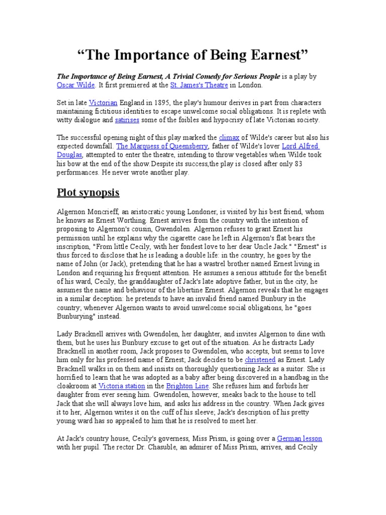 The Importance of Being Earnest Summary | PDF | The Importance Of Being ...