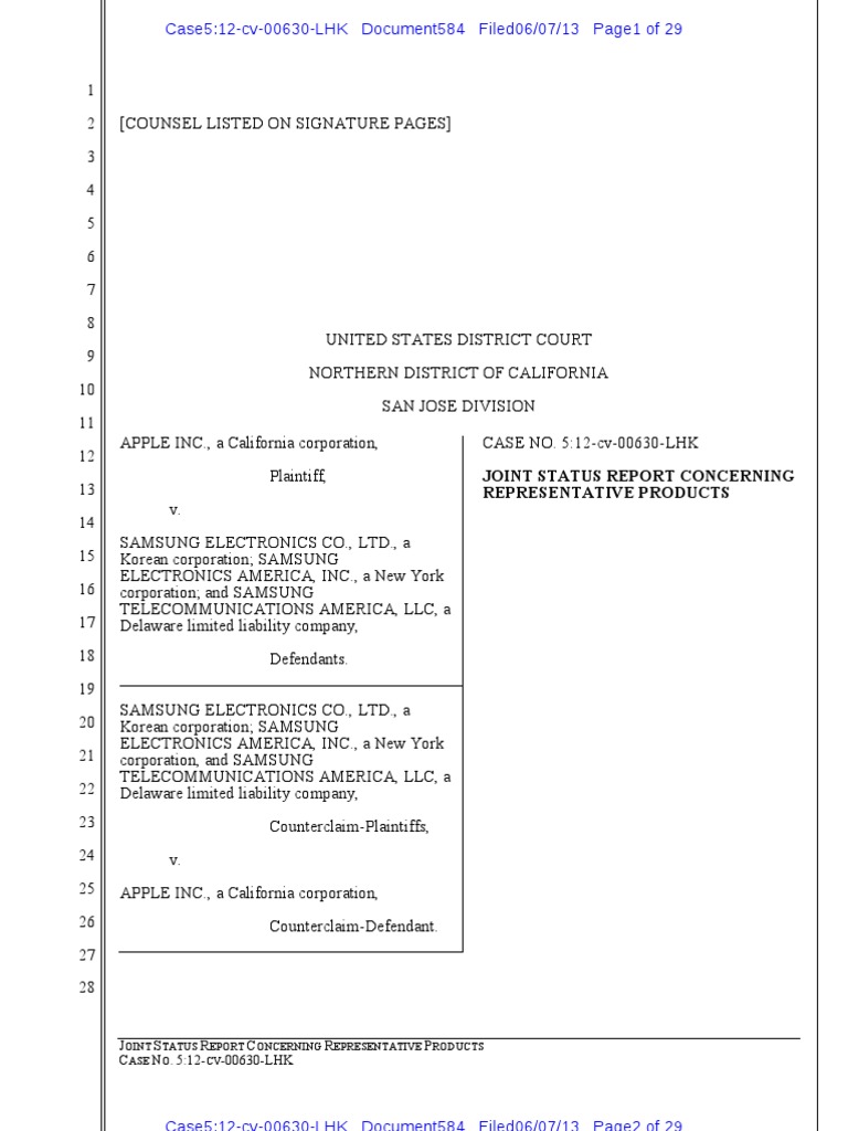 13-06-07 Apple-Samsung Joint Status Report Re. Representative Products ...