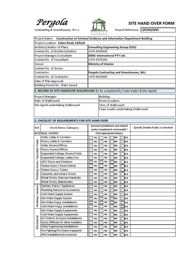Site Hand Over Form | Building Technology | Building Engineering