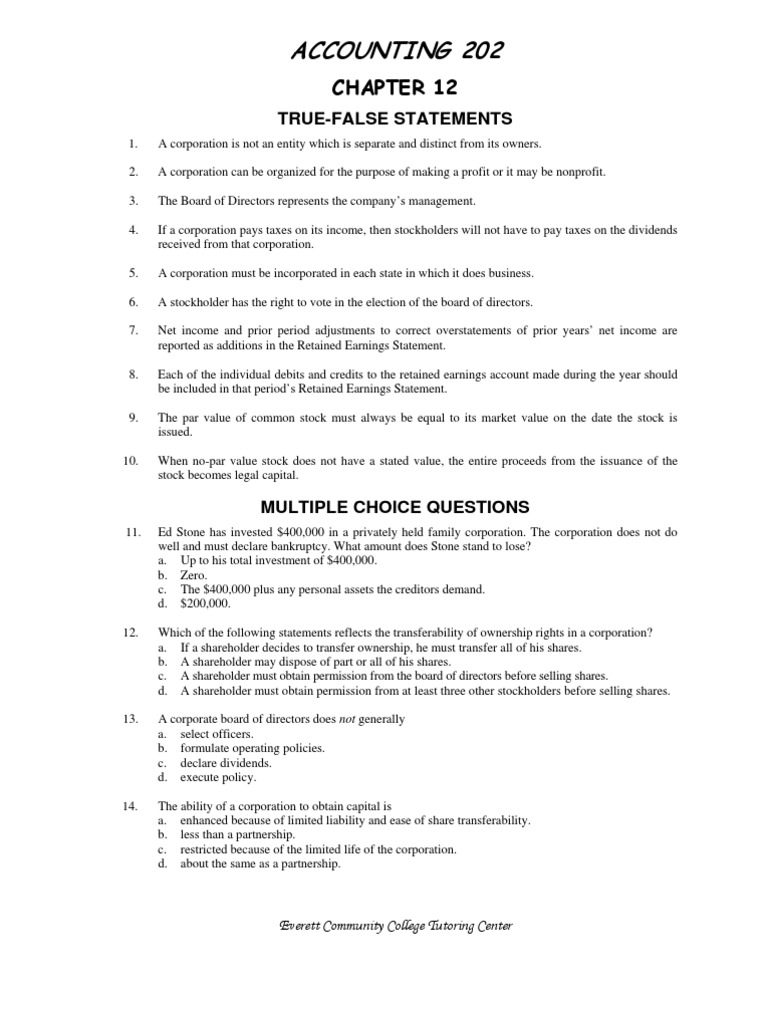 Accounting 202 Chapter 12 Test | PDF | Retained Earnings | Stocks
