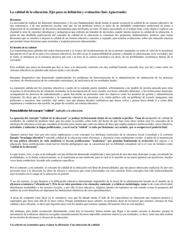 La Calidad de La Educación INES AGUERRONDO | PDF | Conocimiento | Toma ...