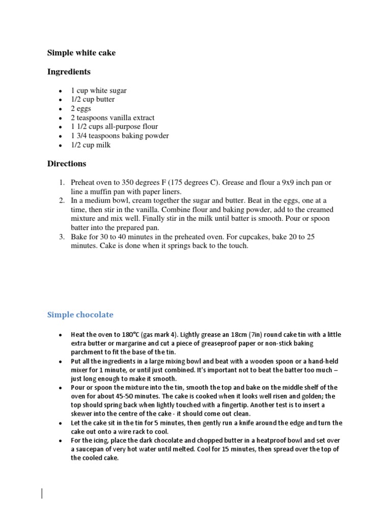 Simple White Cake Ingredients | PDF | Cakes | Baking