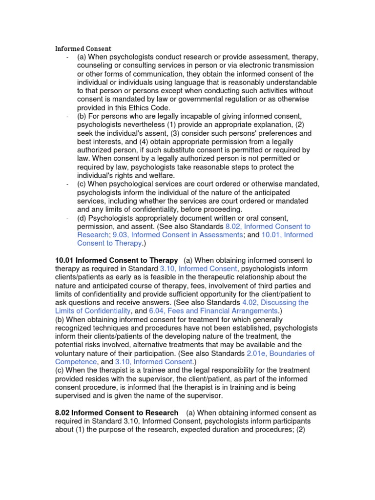10.01 Informed Consent To Therapy (A) When Obtaining Informed Consent ...