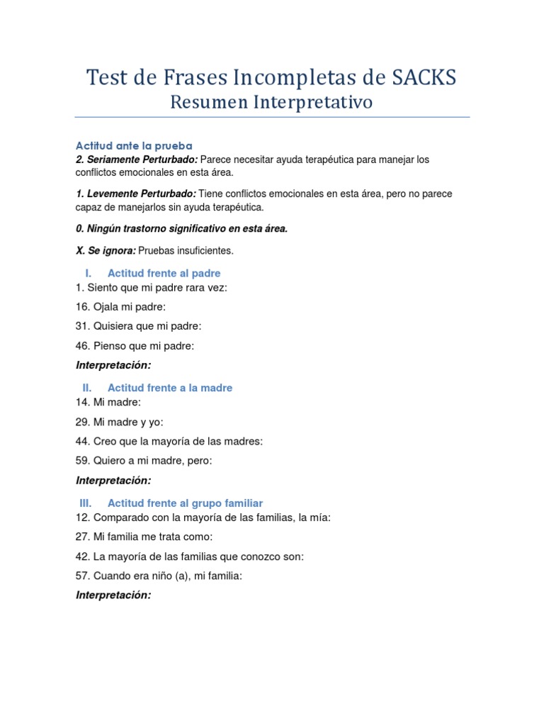 Test de Frases Incompletas de SACKS Resumen Interpretativo | Violencia ...