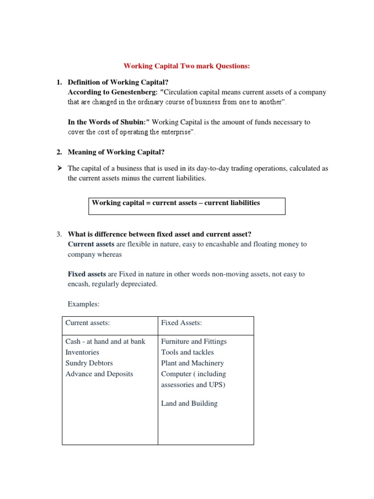 Working Capital Two Mark Questions | PDF | Working Capital | Capital ...